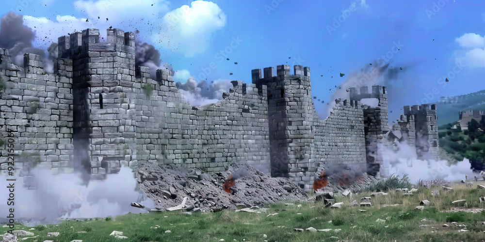 Destruction of the walls of Jericho. Crumbling medieval castle fort ...