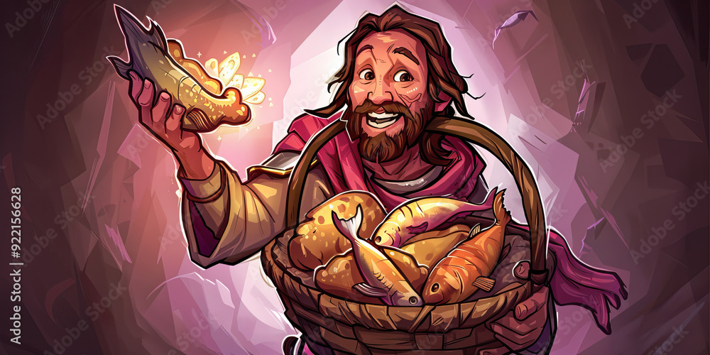 Jesus holding a basket with fish and bread. Biblical-themed artwork ...