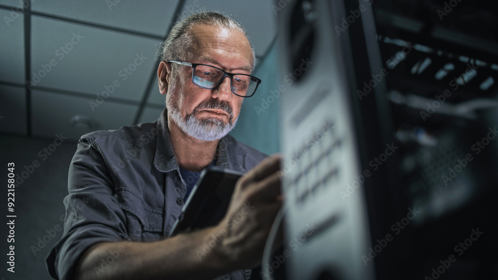 Male system administrator inserts cable into server rack, sets up ...