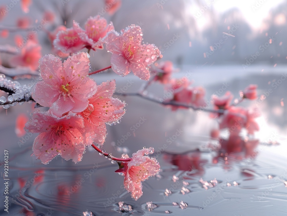 Sakura in the Snow. Snow covering the branches of a cherry blossom tree ...