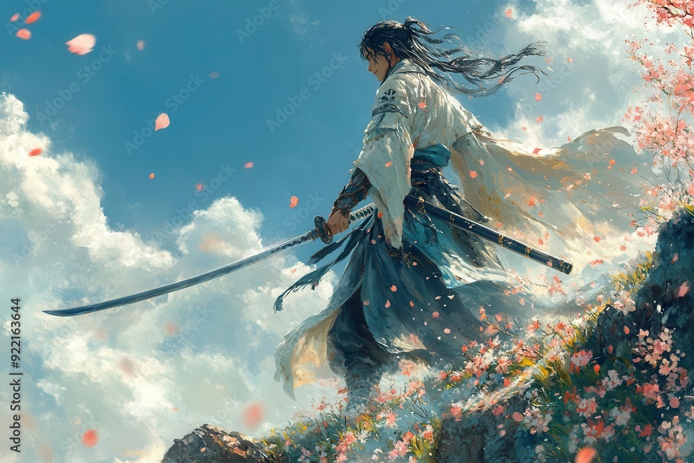 anime swordsman on emerald hilltop blade gleaming in sunlight flowing ...
