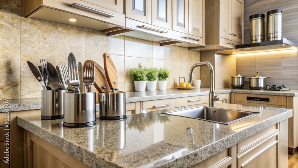 Polished granite countertop with stainless steel appliances, knife ...