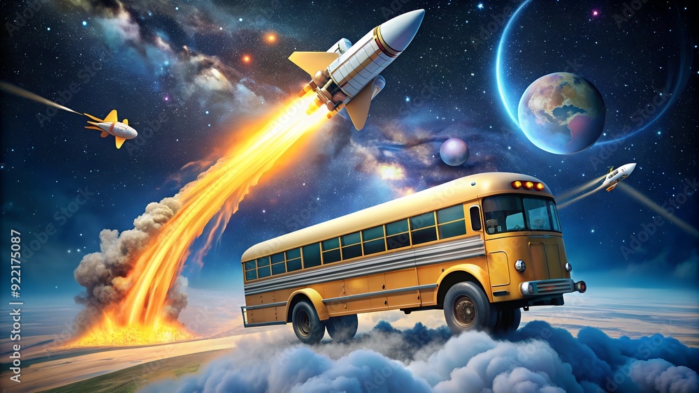School bus transforming into a rocket ship, blasting off into space ...