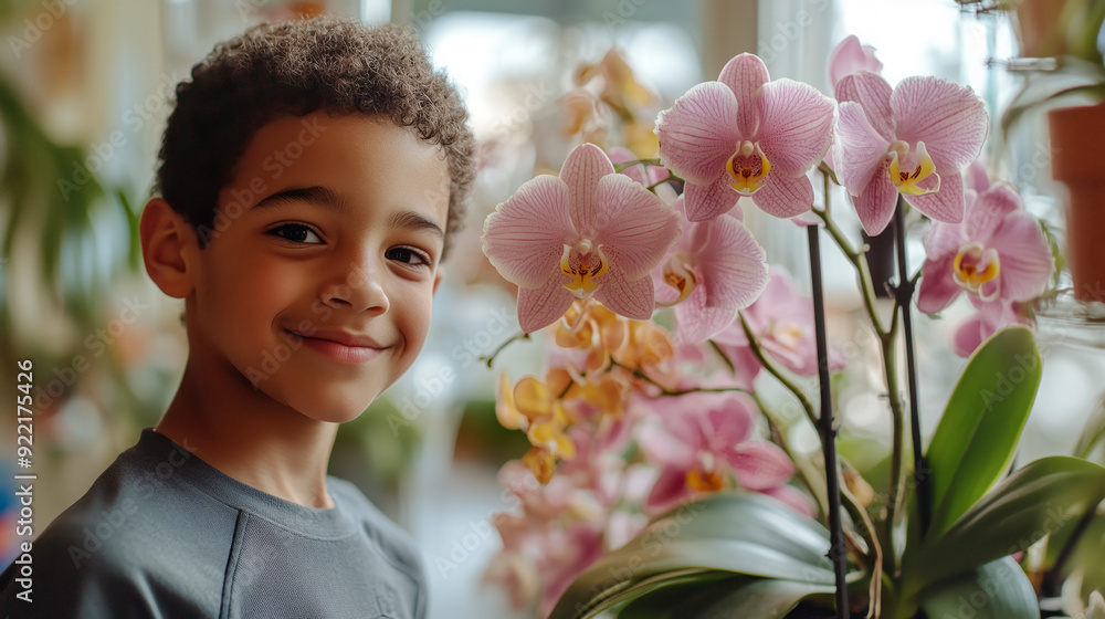 child and orchid, kid with orchid plant, orchid child, youth tending to ...