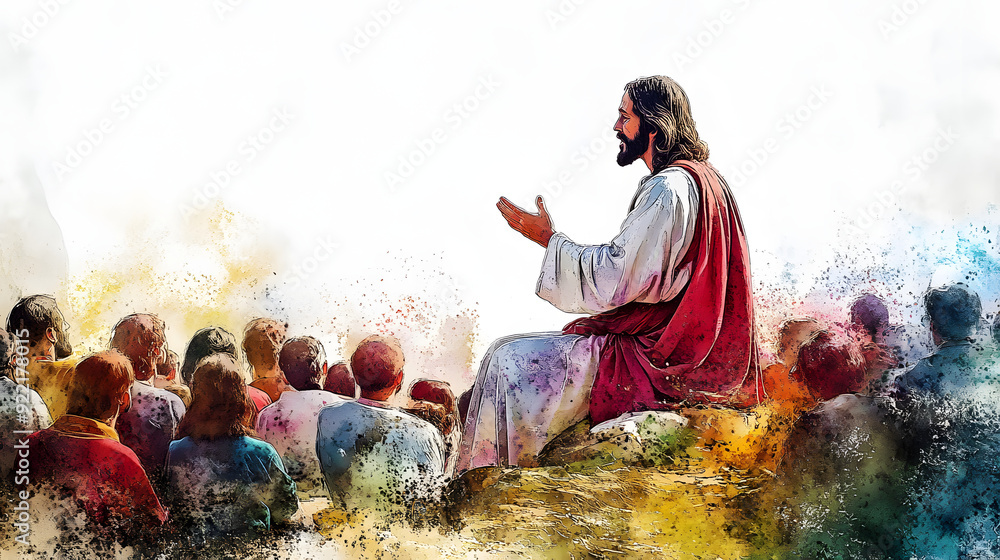Jesus preaching the Sermon on the Mount depicted in a digital ...
