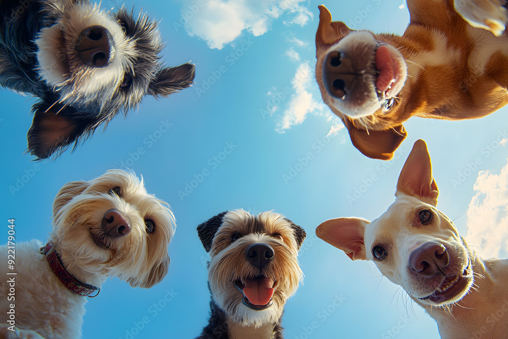 Six dogs of various breeds looking down at the camera from above ...