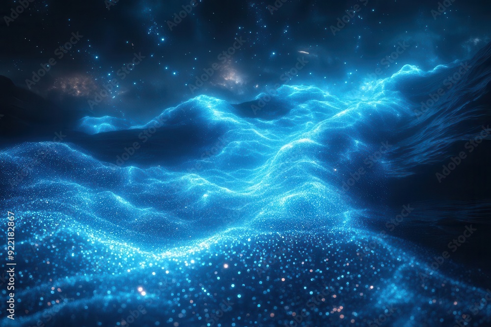 bioluminescent fiber optic cables snaking across dark ocean floor ...