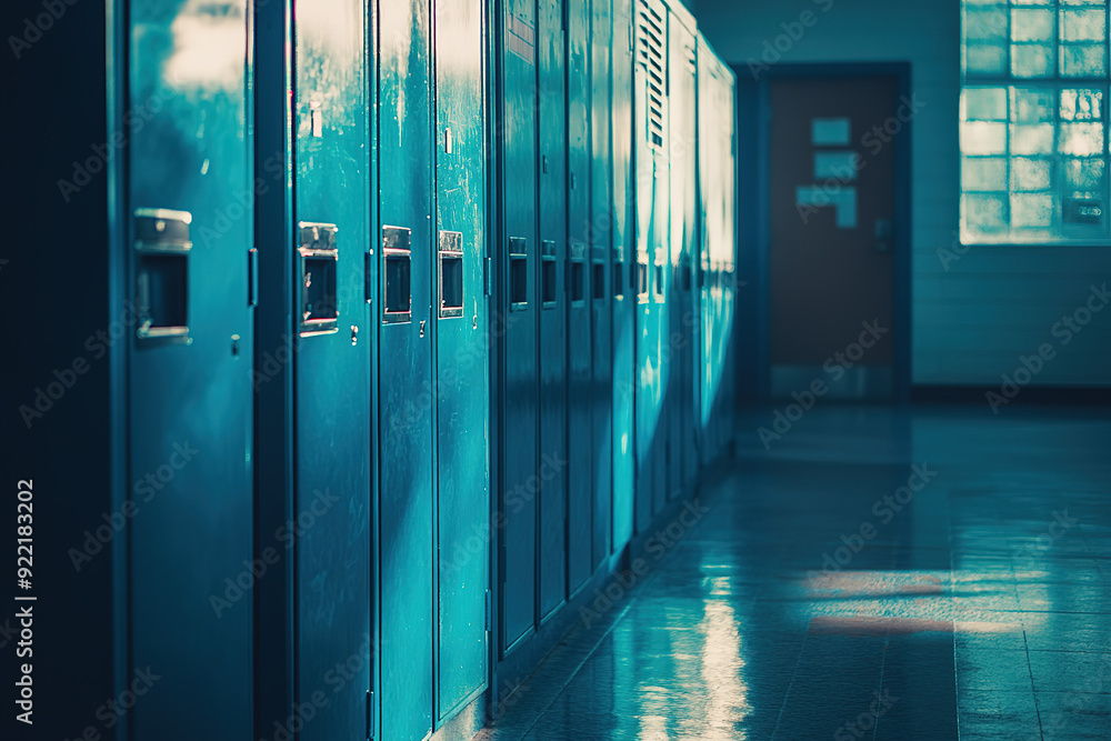 Cinematic View of School Lockers in a Hallway with a Blue and Teal ...
