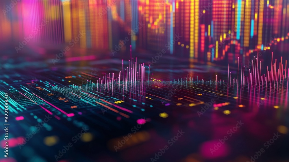 A detailed shot of a 3D surface graph with color gradients and data ...