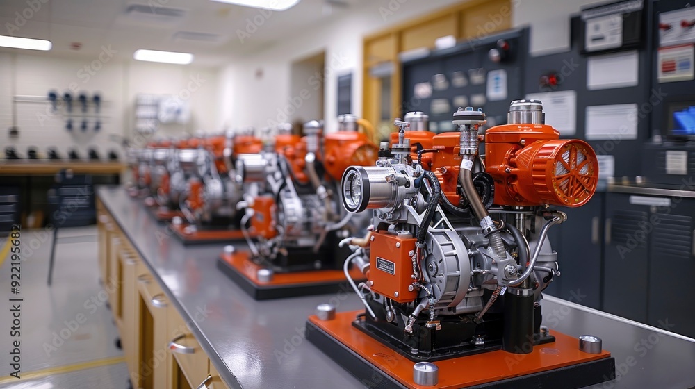 A clean and organized engine testing facility, with multiple engines ...