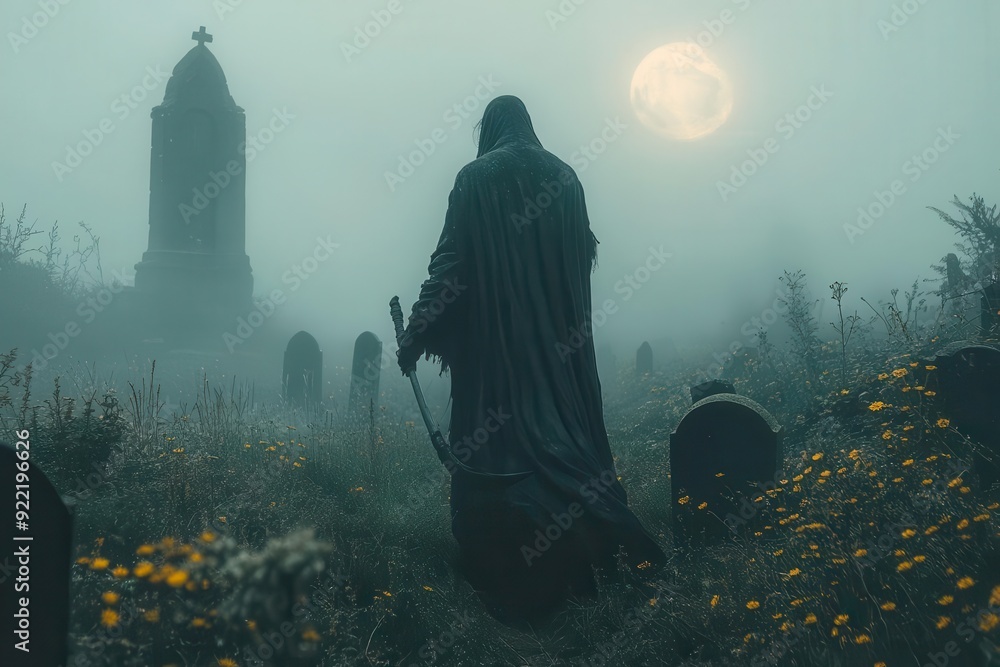 cloaked figure wielding scythe emerges from swirling mist skeletal ...