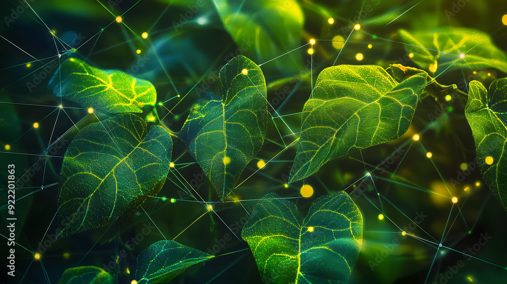 Green leaves connected by network lines concept for natural network ...