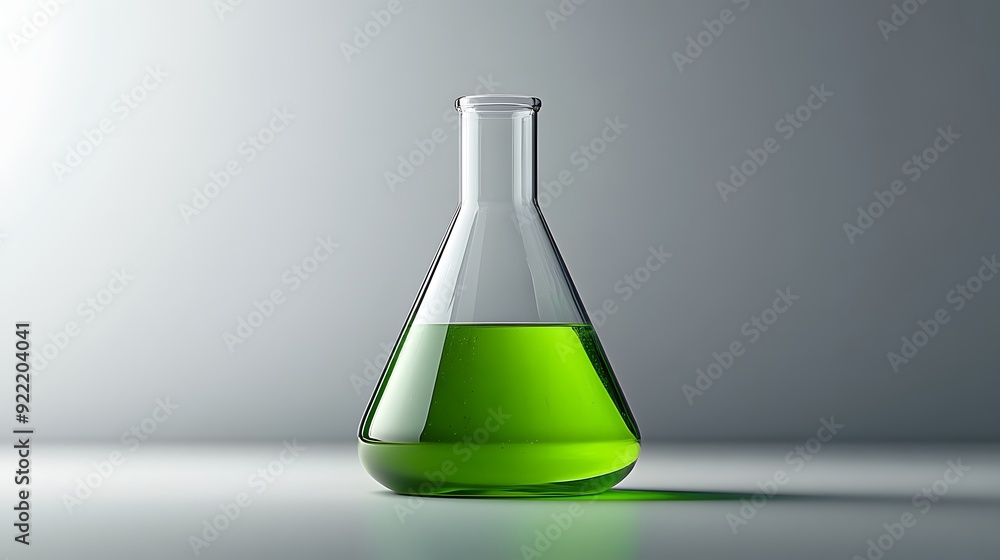 Glass Erlenmeyer flask, bright green liquid, clear container ...