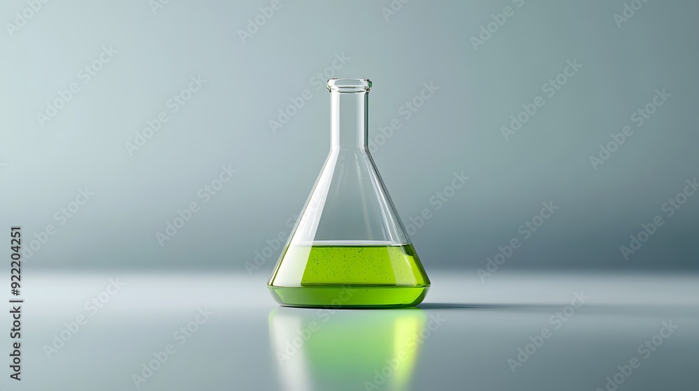 Glass Erlenmeyer flask, bright green liquid, clear container ...