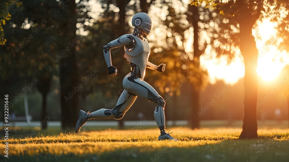 AI Robot Jogging in Park During Sunrise for Fitness and Technology ...