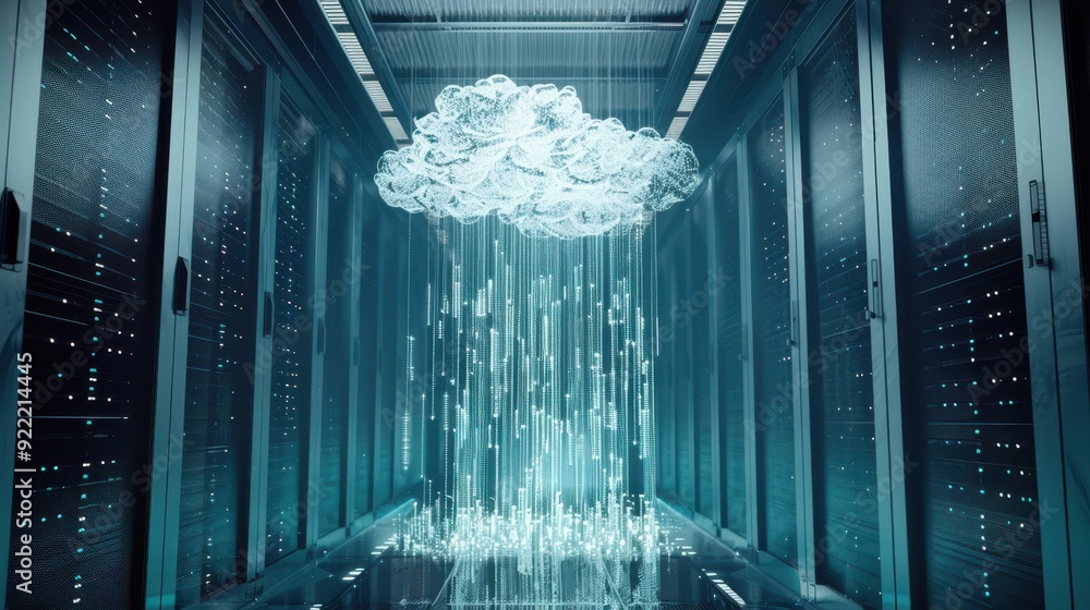 Abstract cloud with binary code raining down onto a server room, symbolizing data processing ...