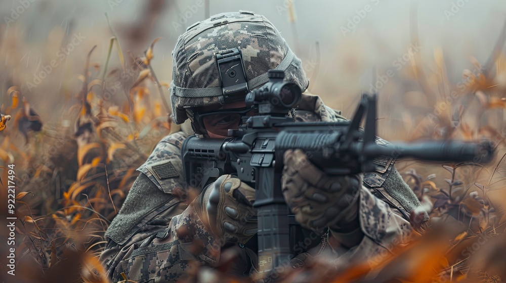 A dynamic image of a soldier aiming a rifle from behind cover in a ...