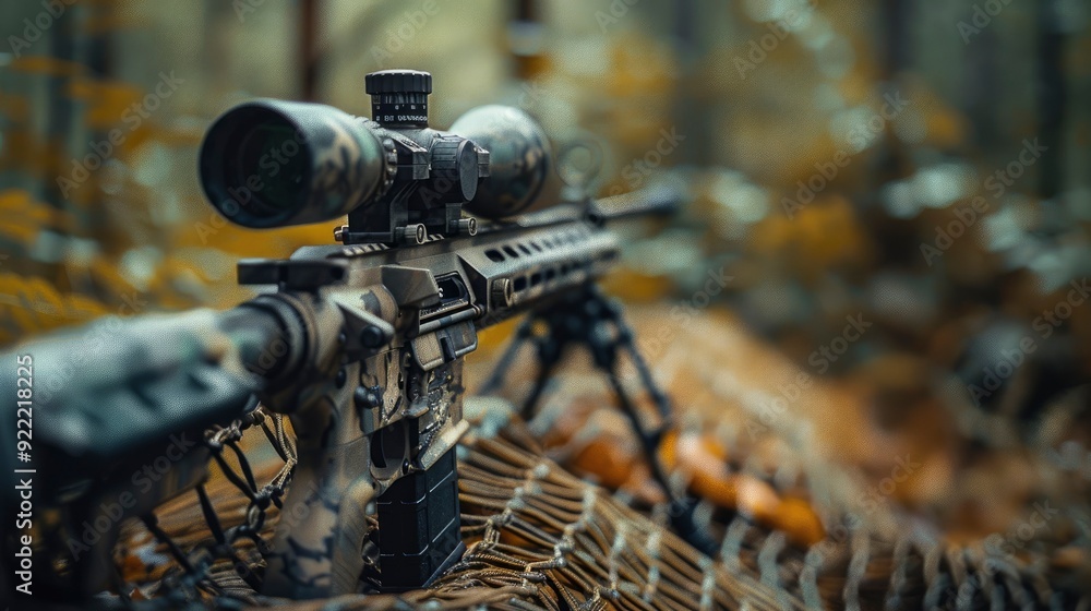 An atmospheric scene of a sniper rifle resting on a camouflage net in a ...