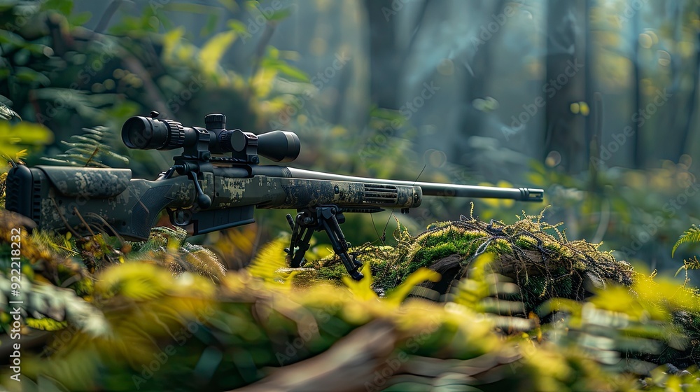 An atmospheric scene of a sniper rifle resting on a camouflage net in a ...