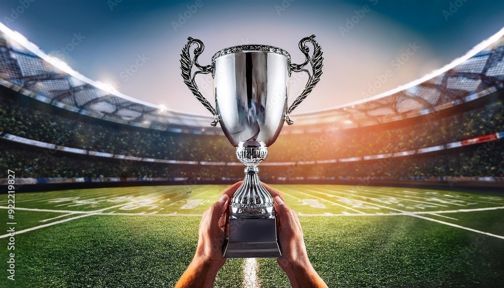 Champion silver trophy for runner up winner with sport player hands in ...