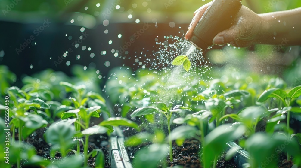 Closeup of foggy water spray bottle in female farmer hand spraying to ...