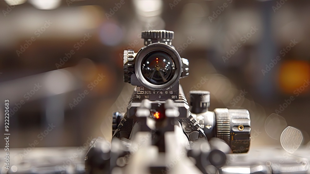 A close-up of a gunâ€™s iron sights and rear sight adjustments ...
