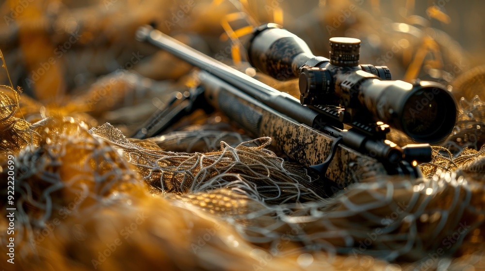 An atmospheric scene of a sniper rifle resting on a camouflage net in a ...