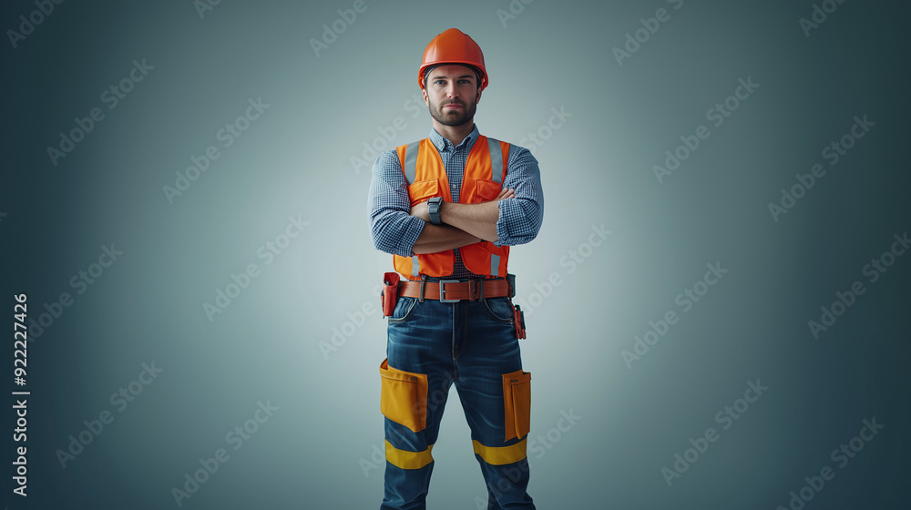Worker in a safety helmet and gloves, complying with work instructions ...