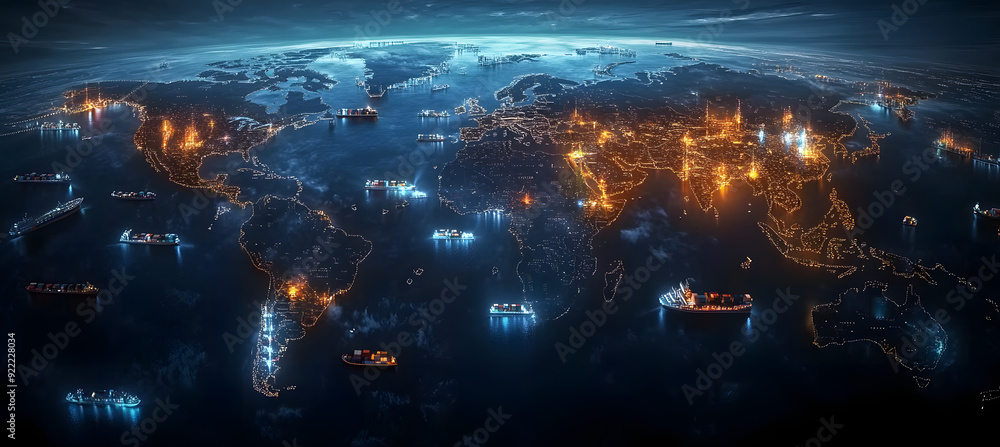 World map showing logistic network distribution and cargo ships ...