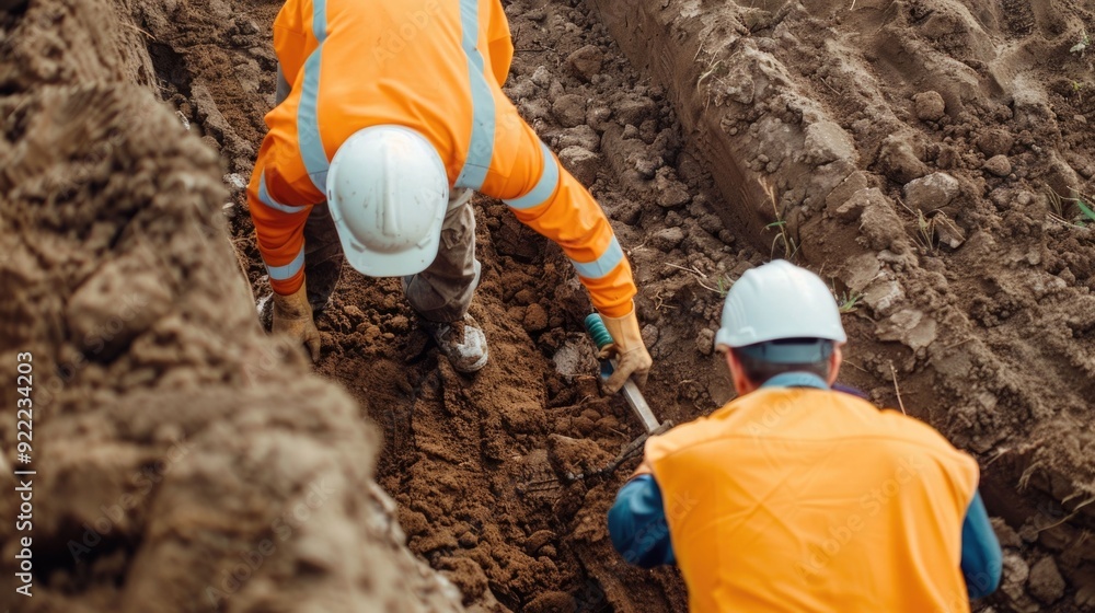 Workers in orange uniforms and hardhats clearing and leveling the ...
