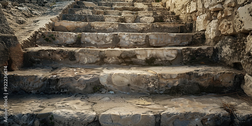 Ancient worn stone steps, leading up to a historic site, time and ...