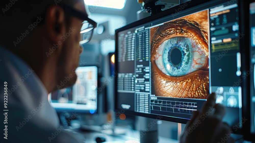 Realistic photograph of ophthalmologist using digital retinal scanner ...