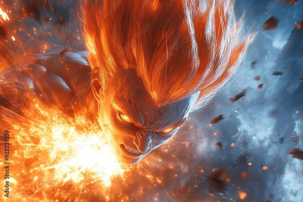 dynamic manga battle scene warrior unleashing energy blast speed lines ...