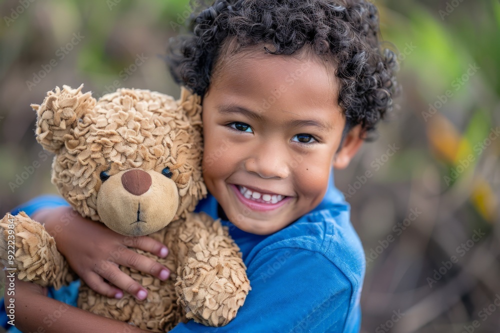 An adorable boy with curly hair hugs his teddy bear, beaming with a ...