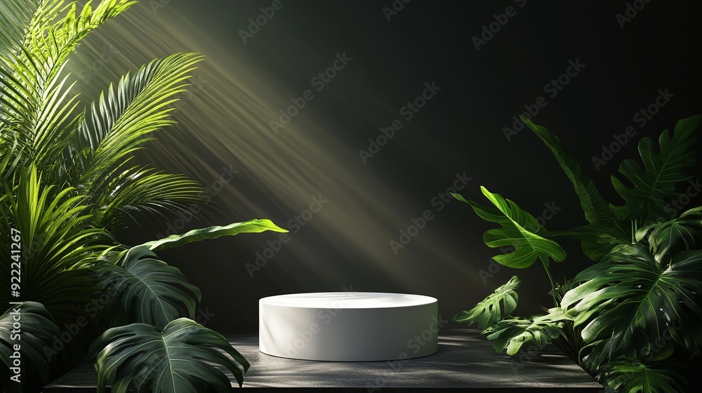Product showcase on a white platform in a jungle paradise, with a grey ...