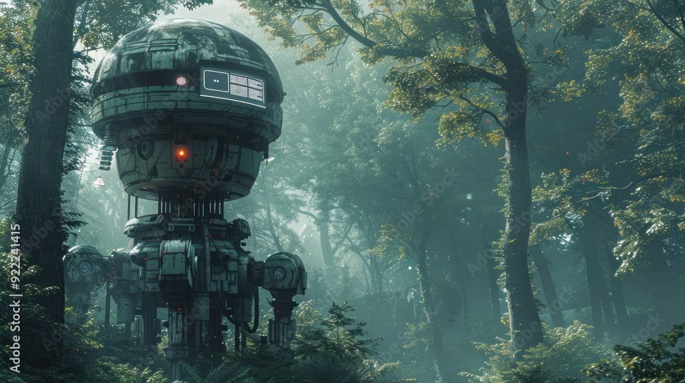 A high-tech bomb disposal robot scanning a futuristic device in a dense ...