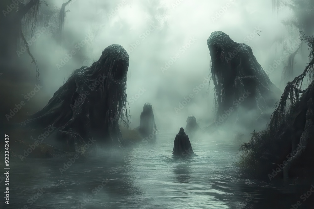 eerie swamp landscape grotesque amphibious creatures emerging from ...
