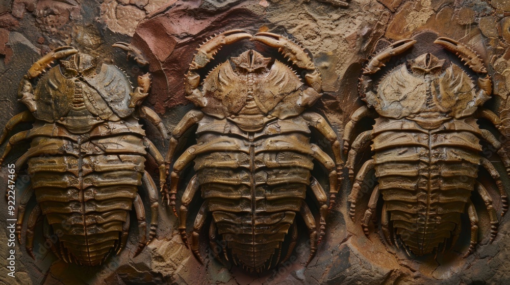 A wall relief shows 3 fossilized trilobites with intricate details like ...