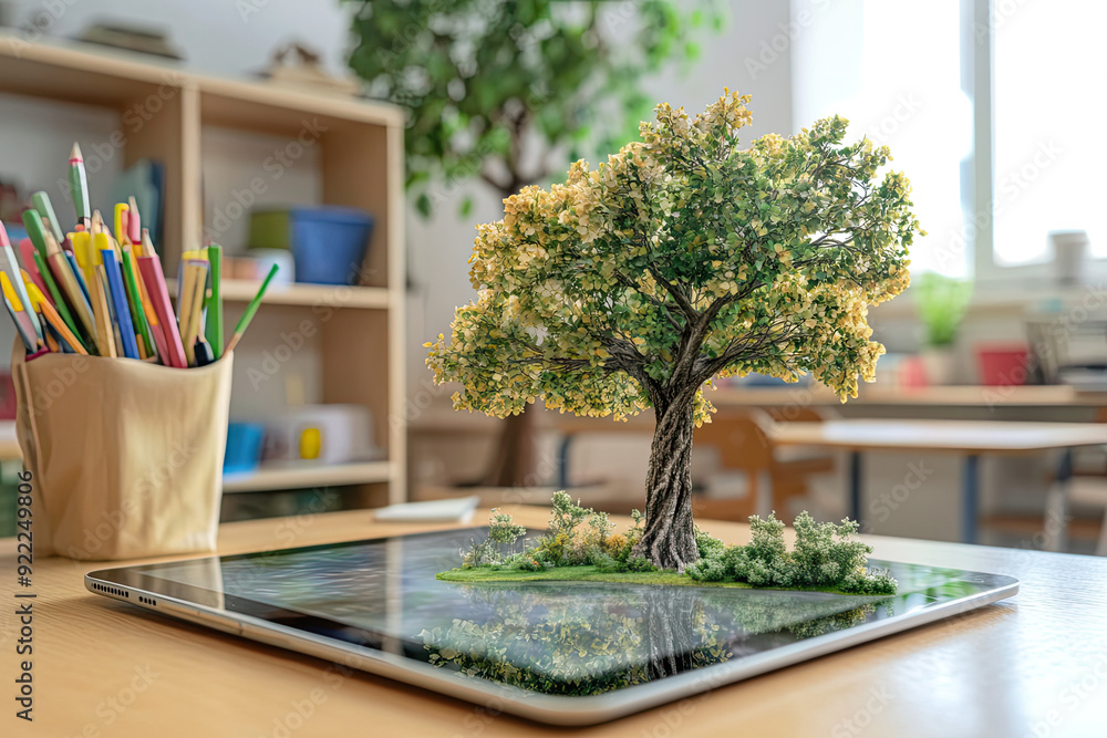 On a classroom desk, a tablet displays an augmented reality hologram of ...