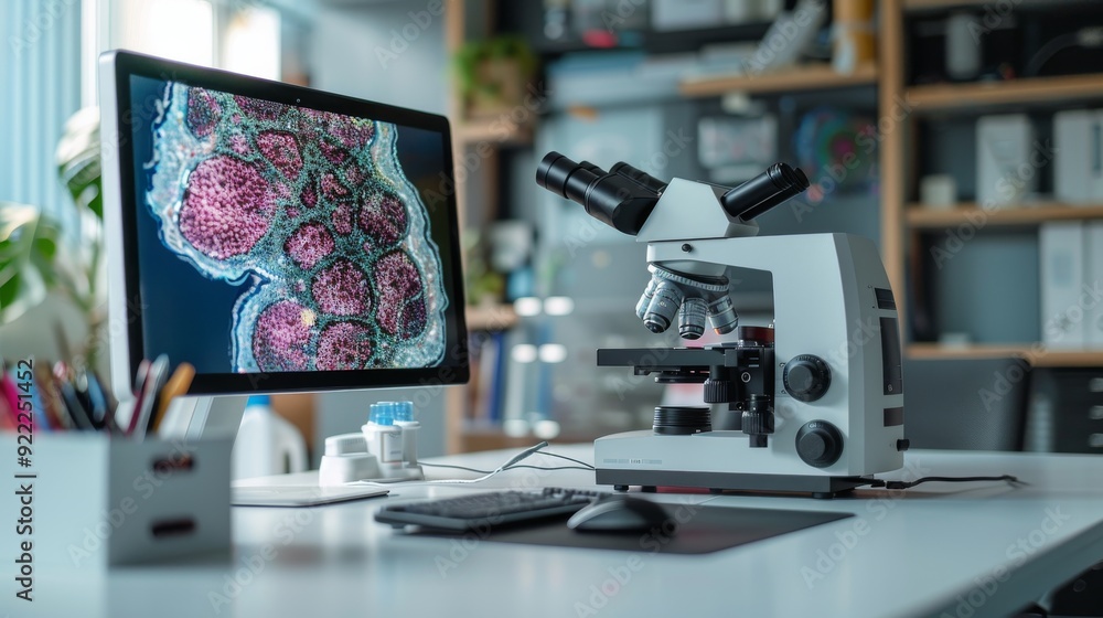 Advanced microscope analyzing human tissue slide, computer monitor ...