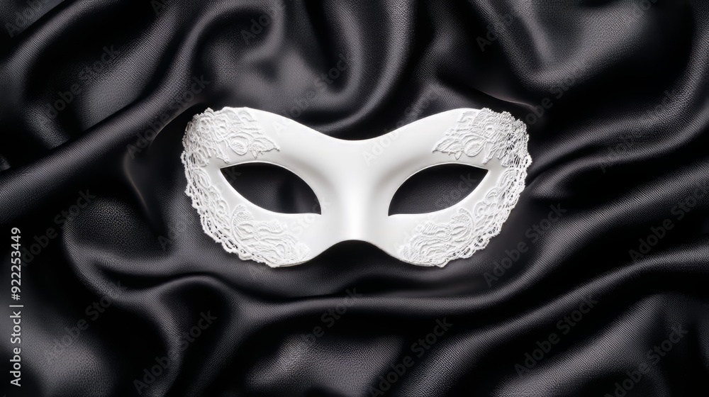 White leather mask with delicate lace patterns, creating an ethereal ...
