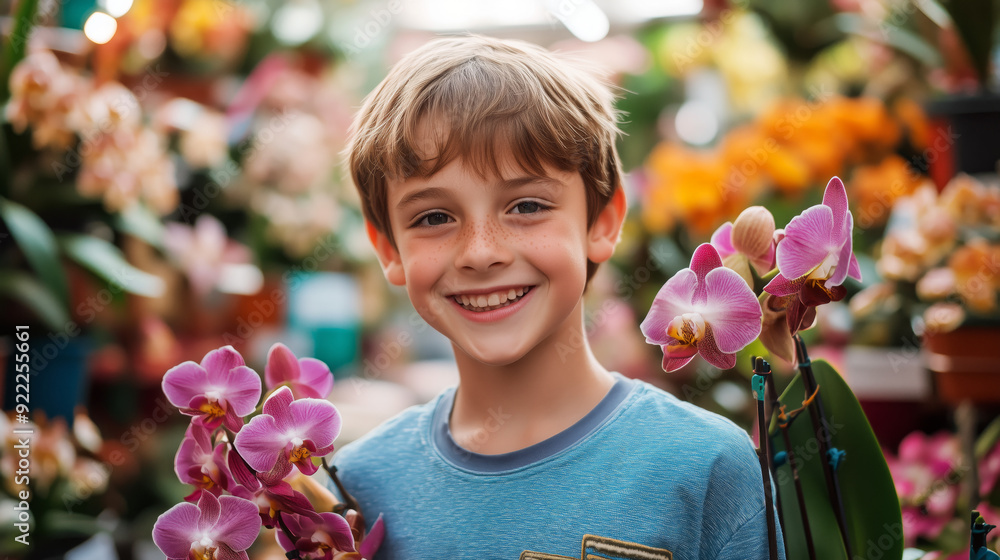 child and orchid, kid with orchid plant, orchid child, youth tending to ...