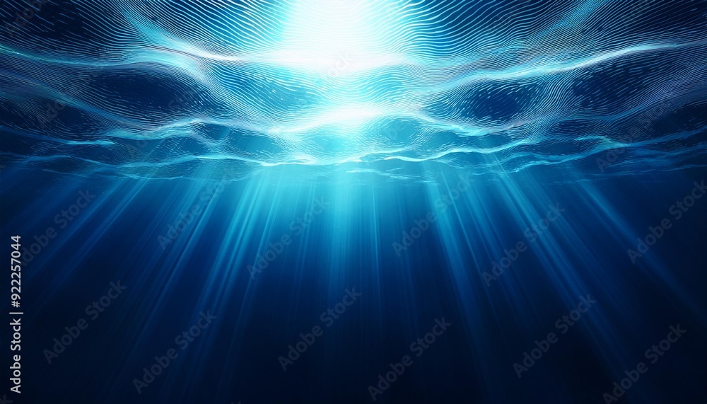 Deep blue undersea with sunlight ray through over surface ripple wave ...