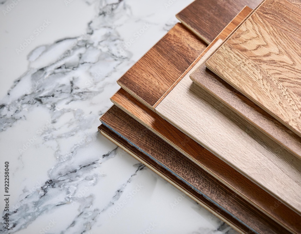 Sample stack of luxury vinyl floor tiles on white marble floor for ...