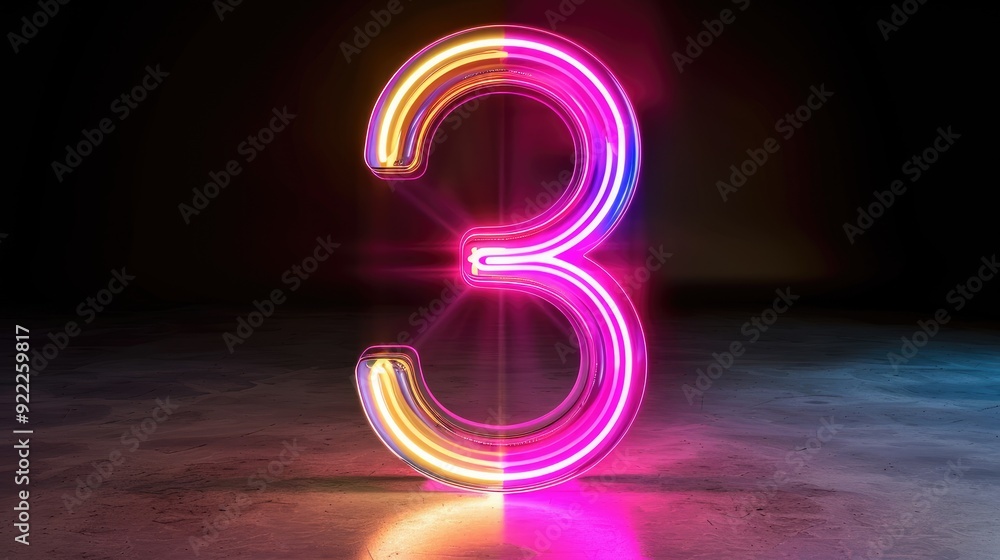 Neon number three in 3D, glowing line within glass symbol Stock Photo ...