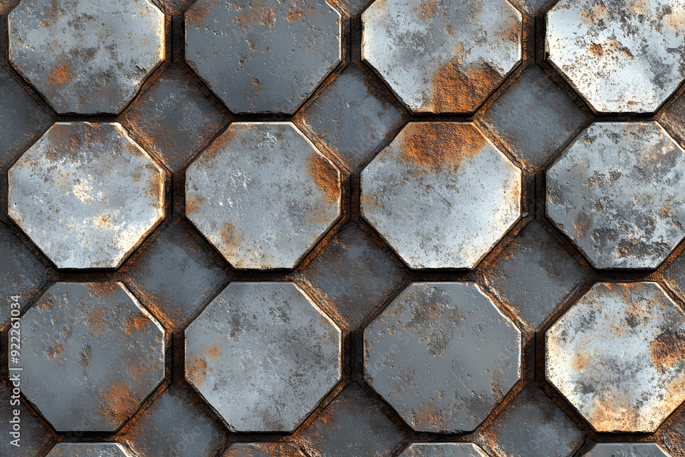 aged surface of hexagonal metal tiles covered in rust and patina ...