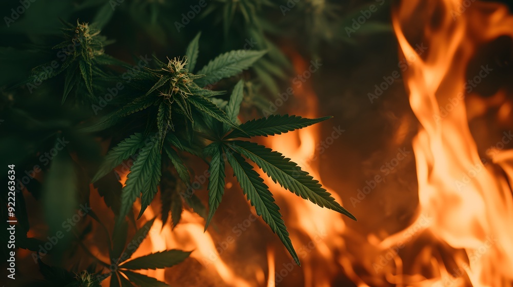 Marijuana leaves on a fire background, close up top view on cannabis ...