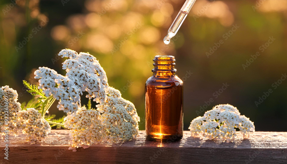 Yarrow flower California, Achillea millefolium, glass pipette with drop ...