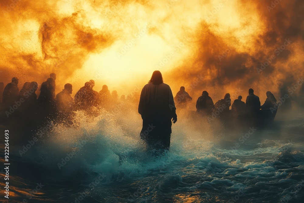 ethereal depiction of jesus walking on turbulent waters towards a boat ...