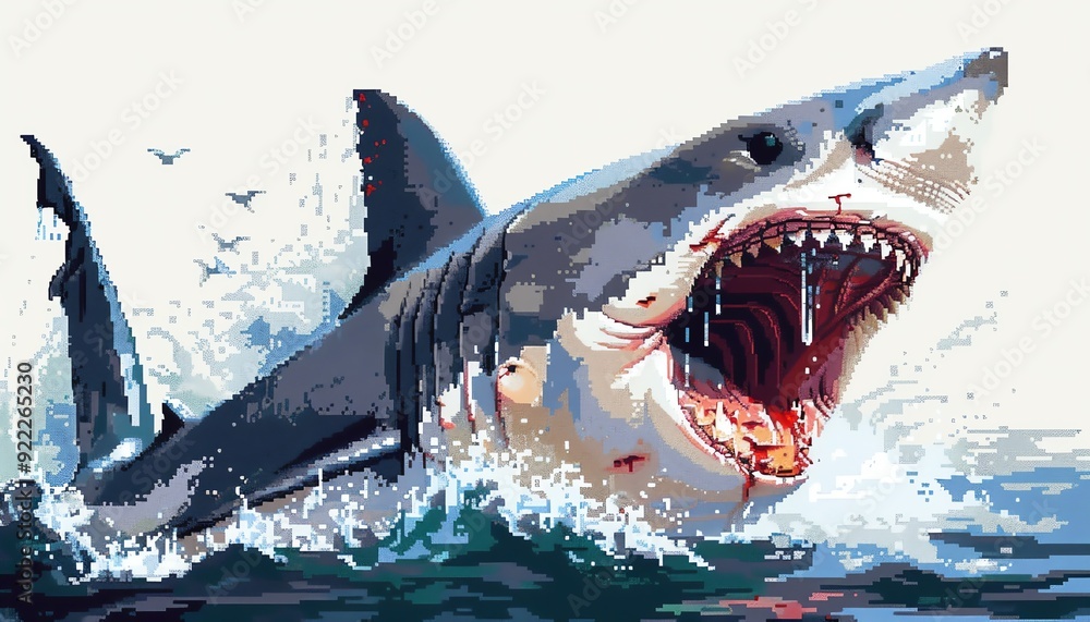 Pixel art shark, fierce expression, white background, detailed Stock ...